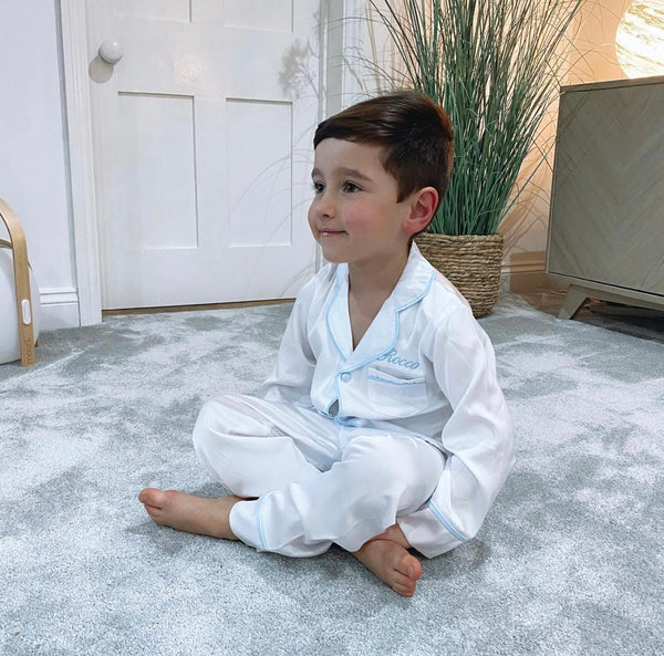 WHITE & BLUE satin pyjamas - UNISEX – Mini Twinni